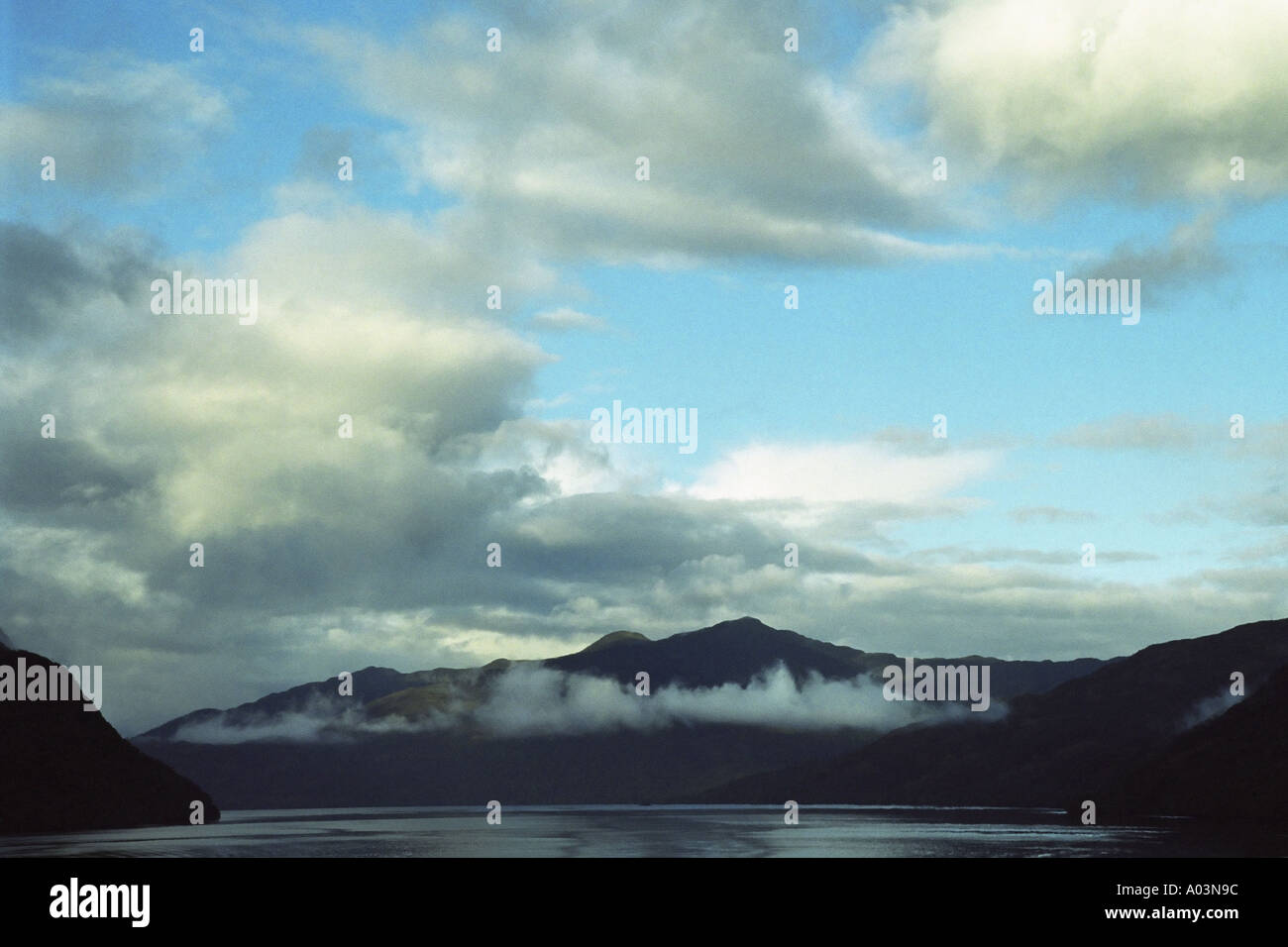 Landscape view of low lying cloud in the Patagonian channels Chile ...