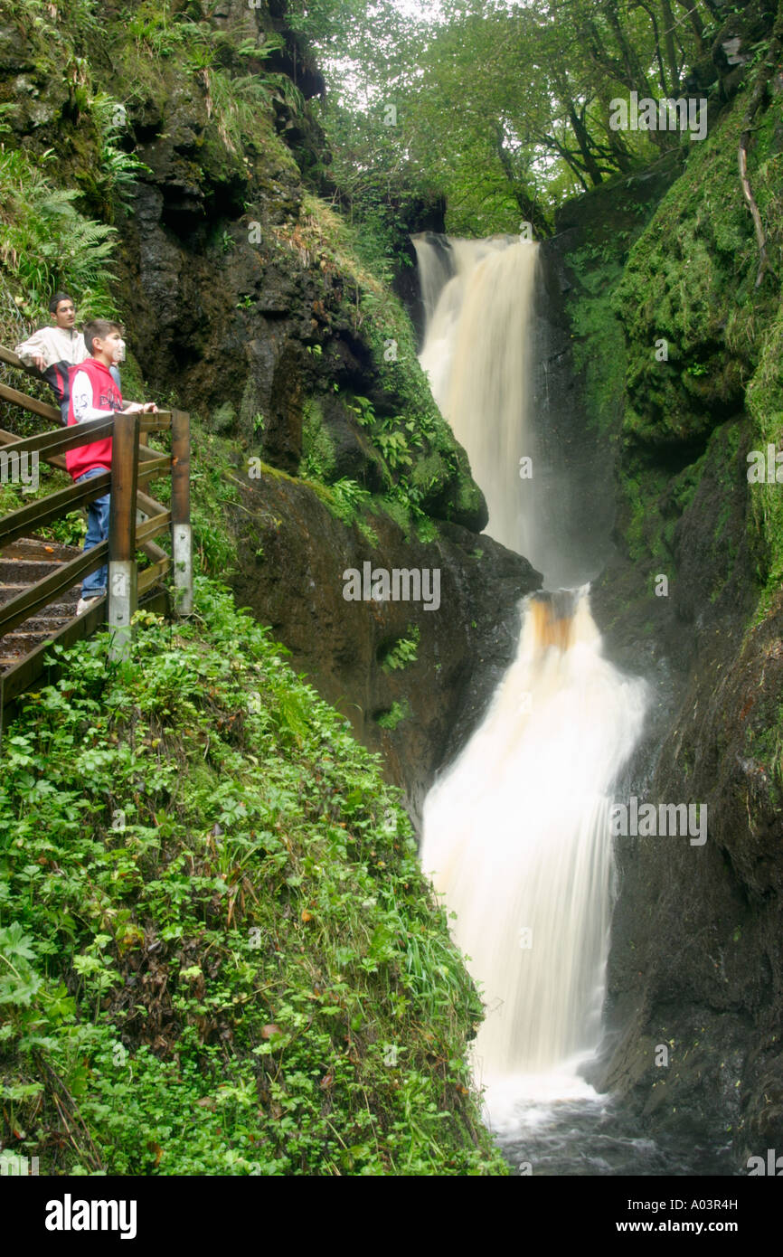 two boys looking at Ess-na-Larach Waterfall in the Glens of Antrim in ...