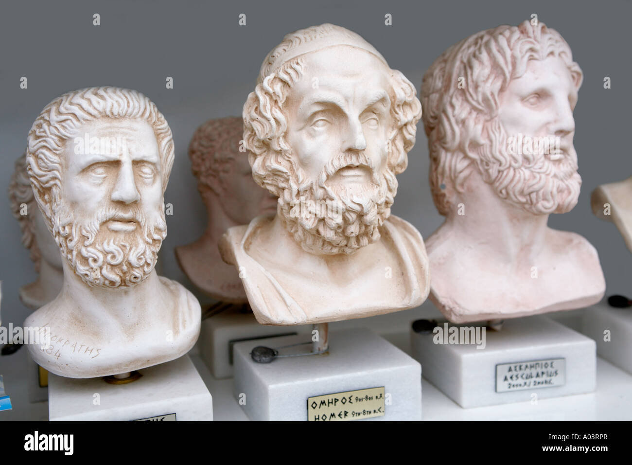 heads of Greek philosophers in a souvenir shop near Knossos on the ...