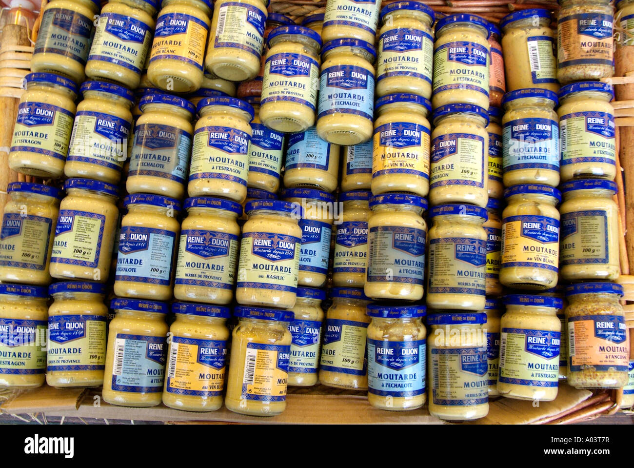 French Mustard moutarde jar bottle wicker basket container glass ground ...