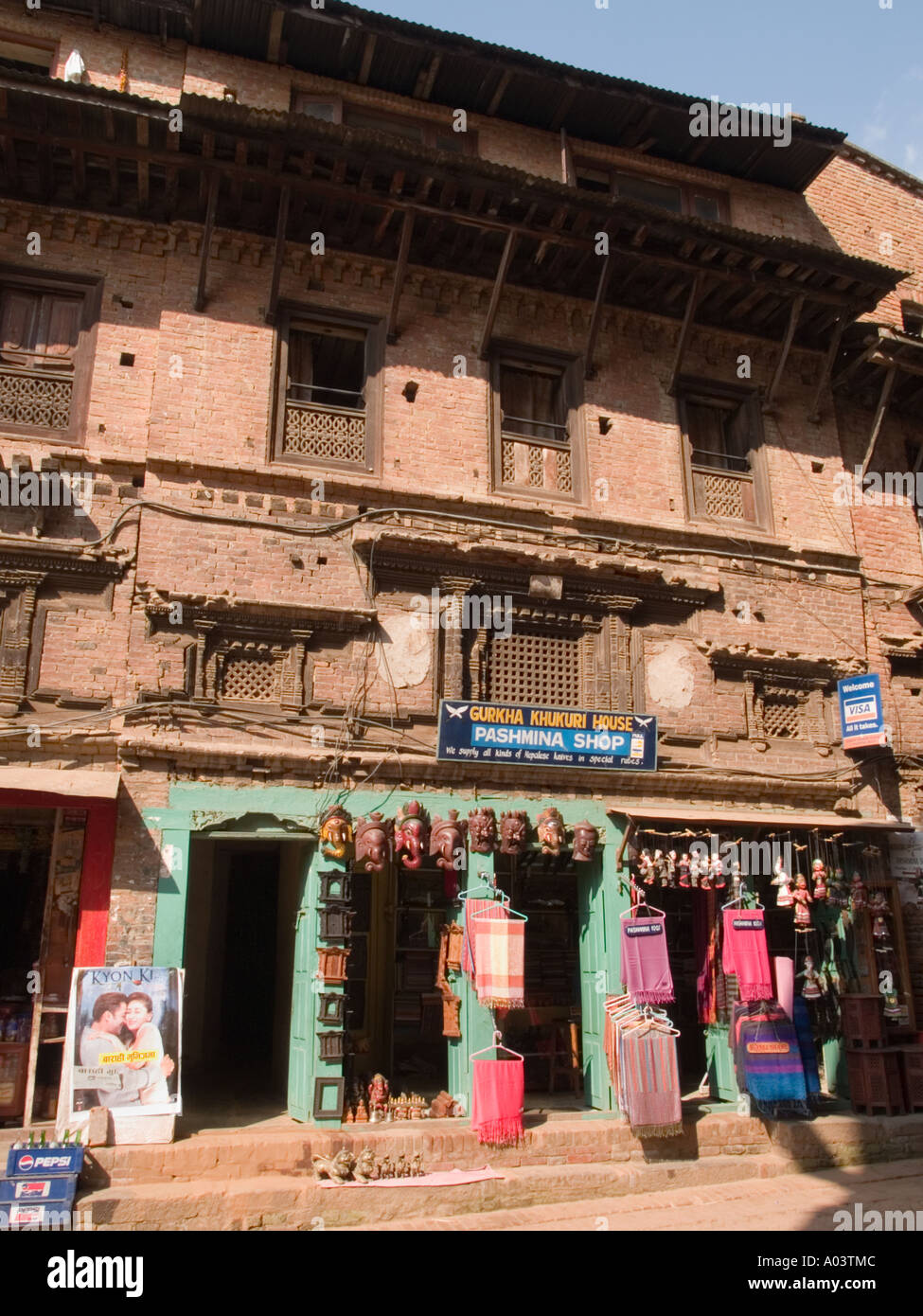 PASHMINA SHOP in Gurkha Khukuri House traditional wooden lattice windows Bhaktapur Kathmandu ...