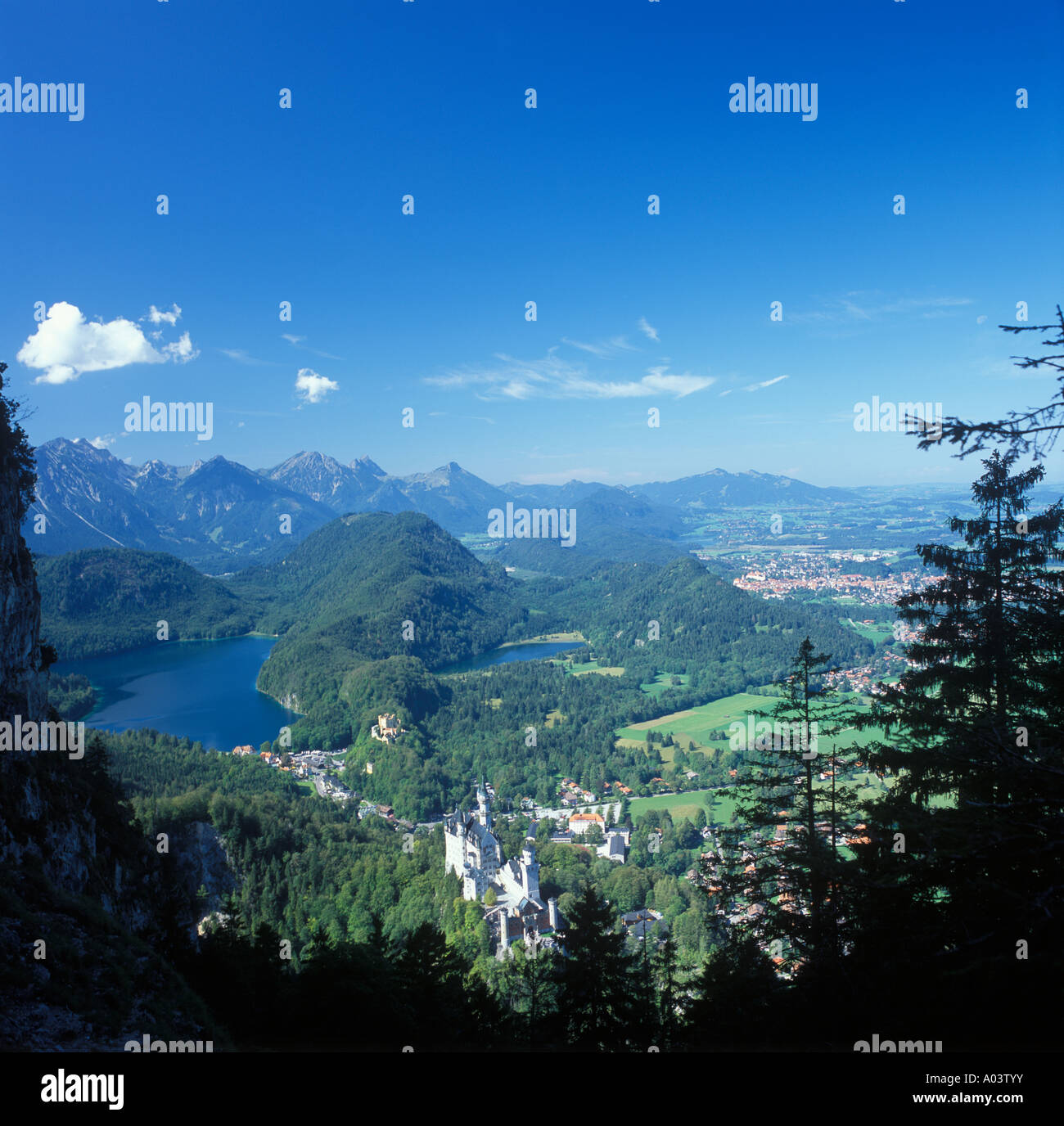view of Neuschwanstein Castle and its surrounding area in Bavaria in ...