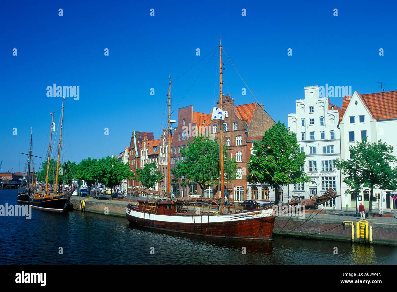 sailing ships on river Untertrave in Luebeck in Northern Germany Stock ...