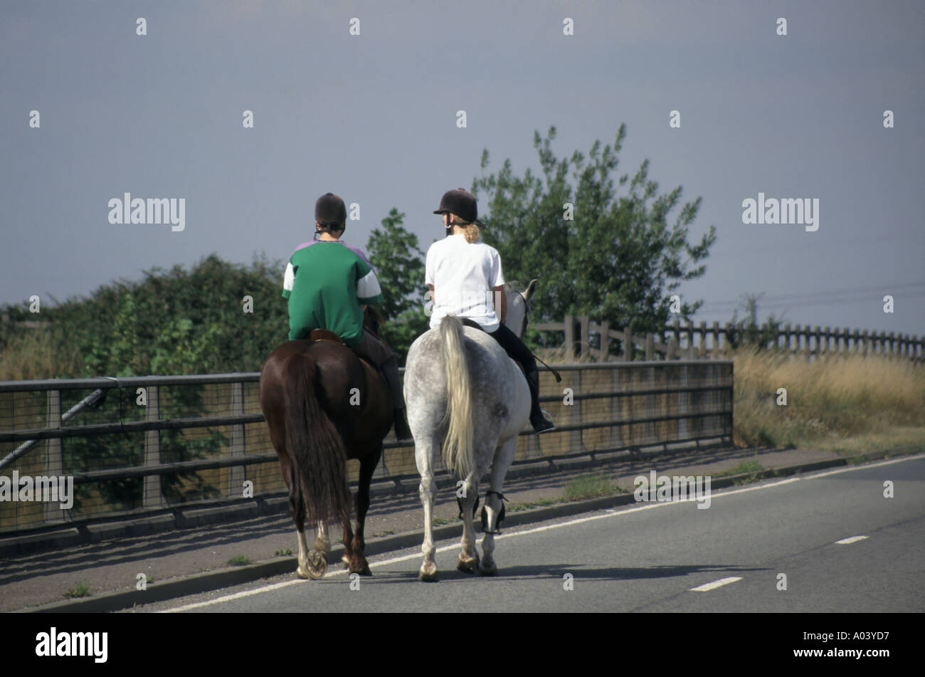 Summer back view of two people ride on horseback on country road bridge ...