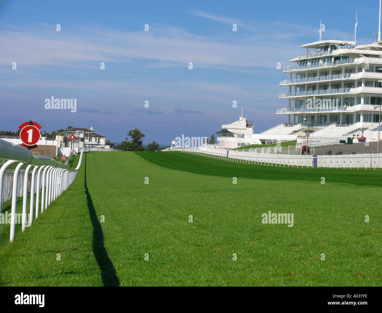 THE FURLONG MARKER AT THE HOME OF THE DERBY HORSE RACE EPSOM RACECOURSE ...