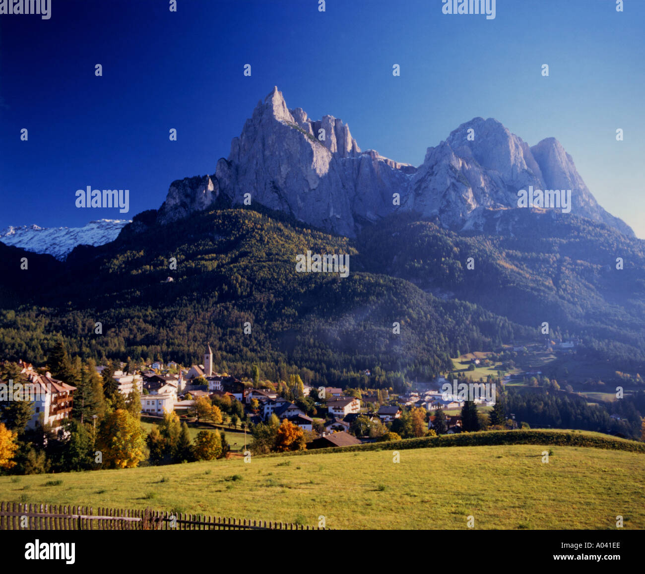 Italy South tyrol city of Seis Siusi at the mountain Sciliar Schlern ...