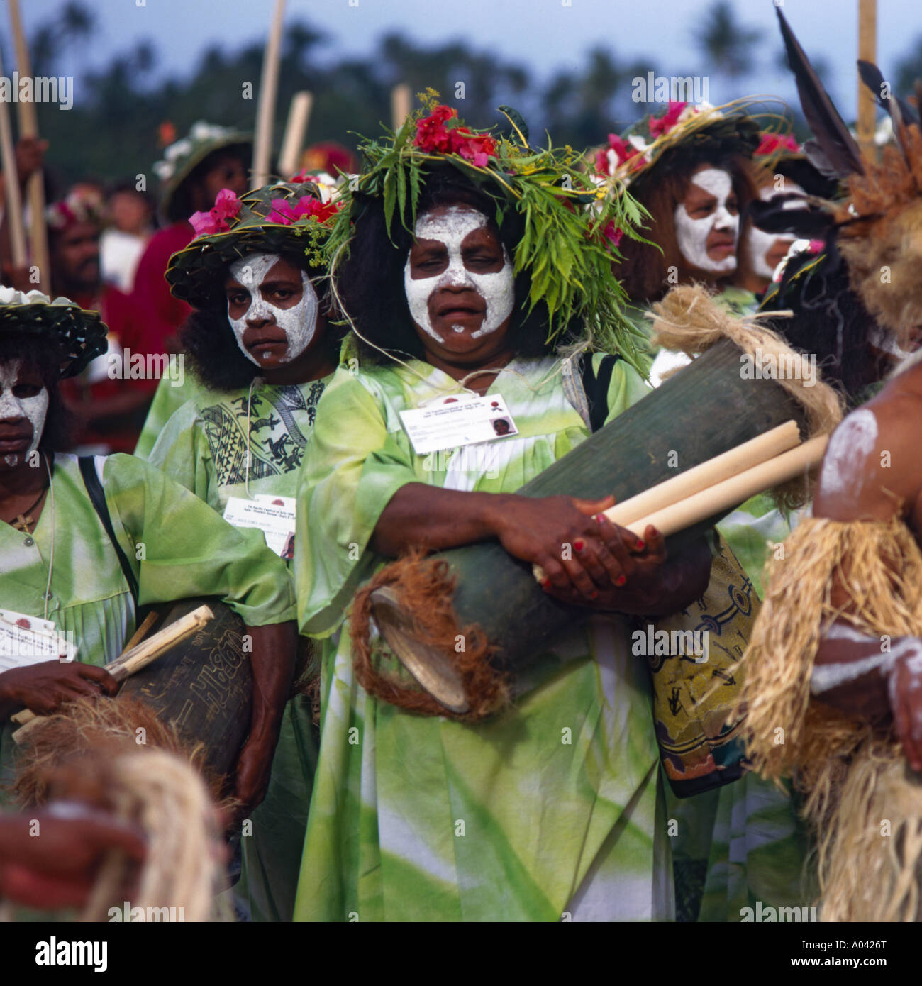 Group of female Kanaky dancers from New Caledonia Island with solemn ...