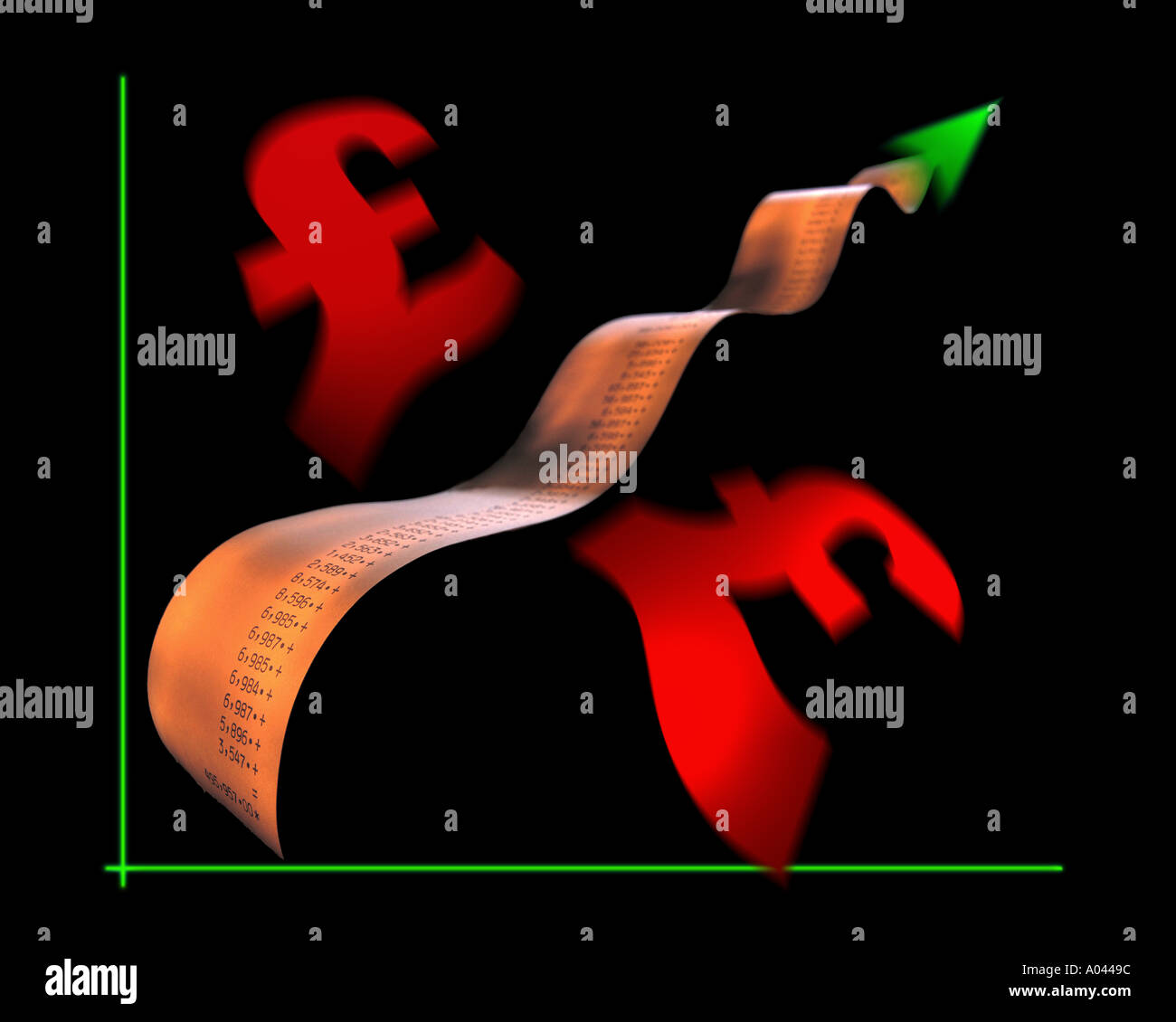 Conceptual image of a line graph with pound symbols and an upward ...