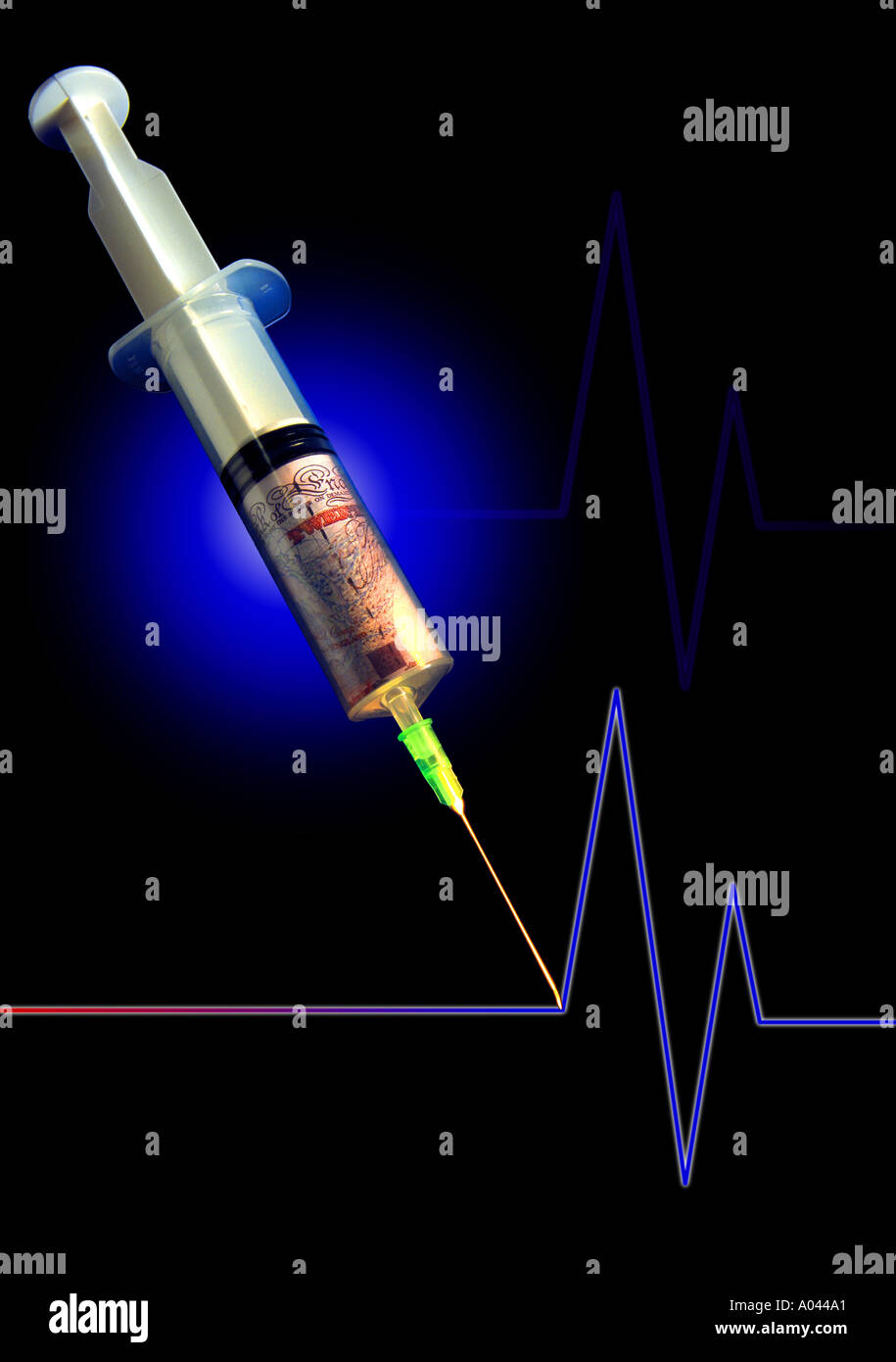 Cash injection - Conceptual image of a syringe containing £20 bank note ...