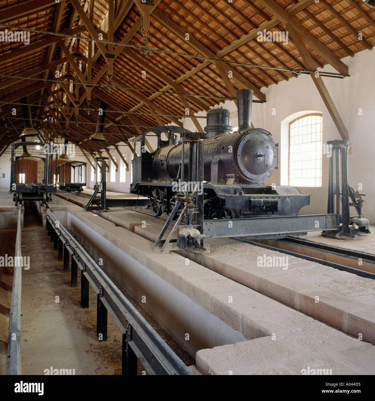 Engine Shed Madain Saleh Saudi Arabia showing resored steam engine ...
