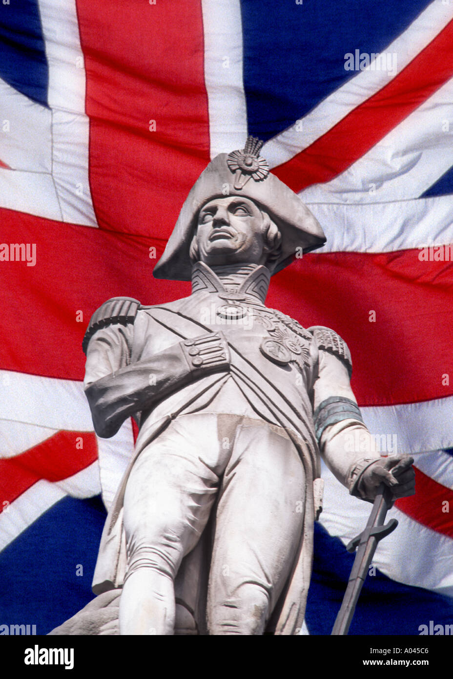 Lord Nelson in Front of Union Jack Flag Trafalgar Sq London England ...