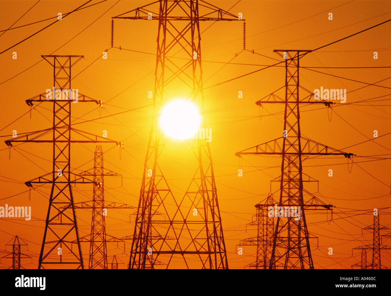 Hydro towers at sunrise Stock Photo - Alamy