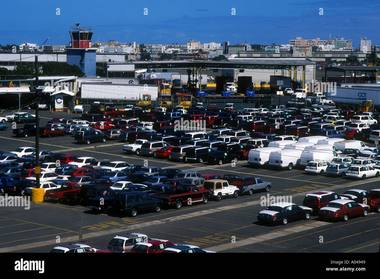 Cars just off cargo ships in port area Stock Photo - Alamy