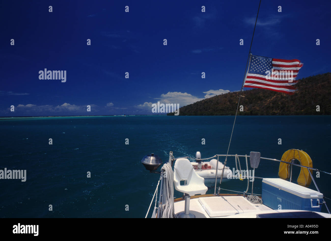 Cruising sailboat flying American flag off Culebra Puerto Rico USA ...