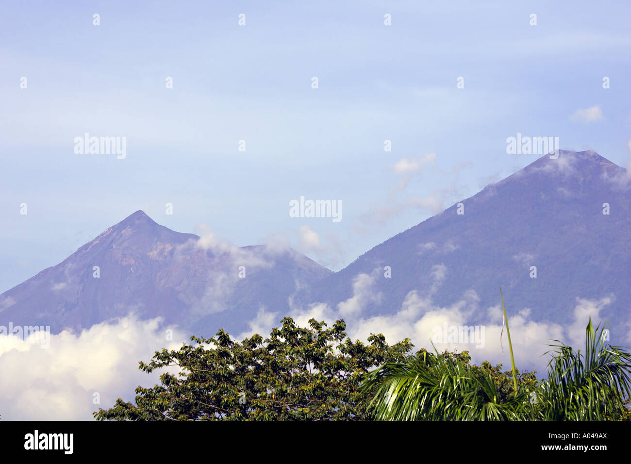 GUATEMALA ANTIGUA Volcanoes Fuego left and Acatenango right near the ...