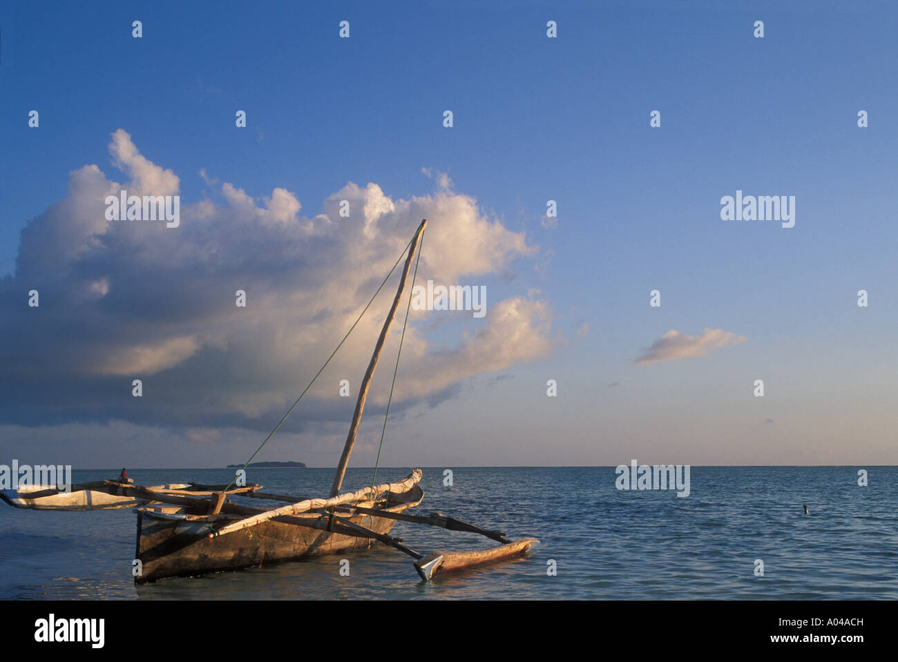 Africa, Tanzania, Zanzibar, Matemwe Bay, Wooden fishing boat (dhow) in ...