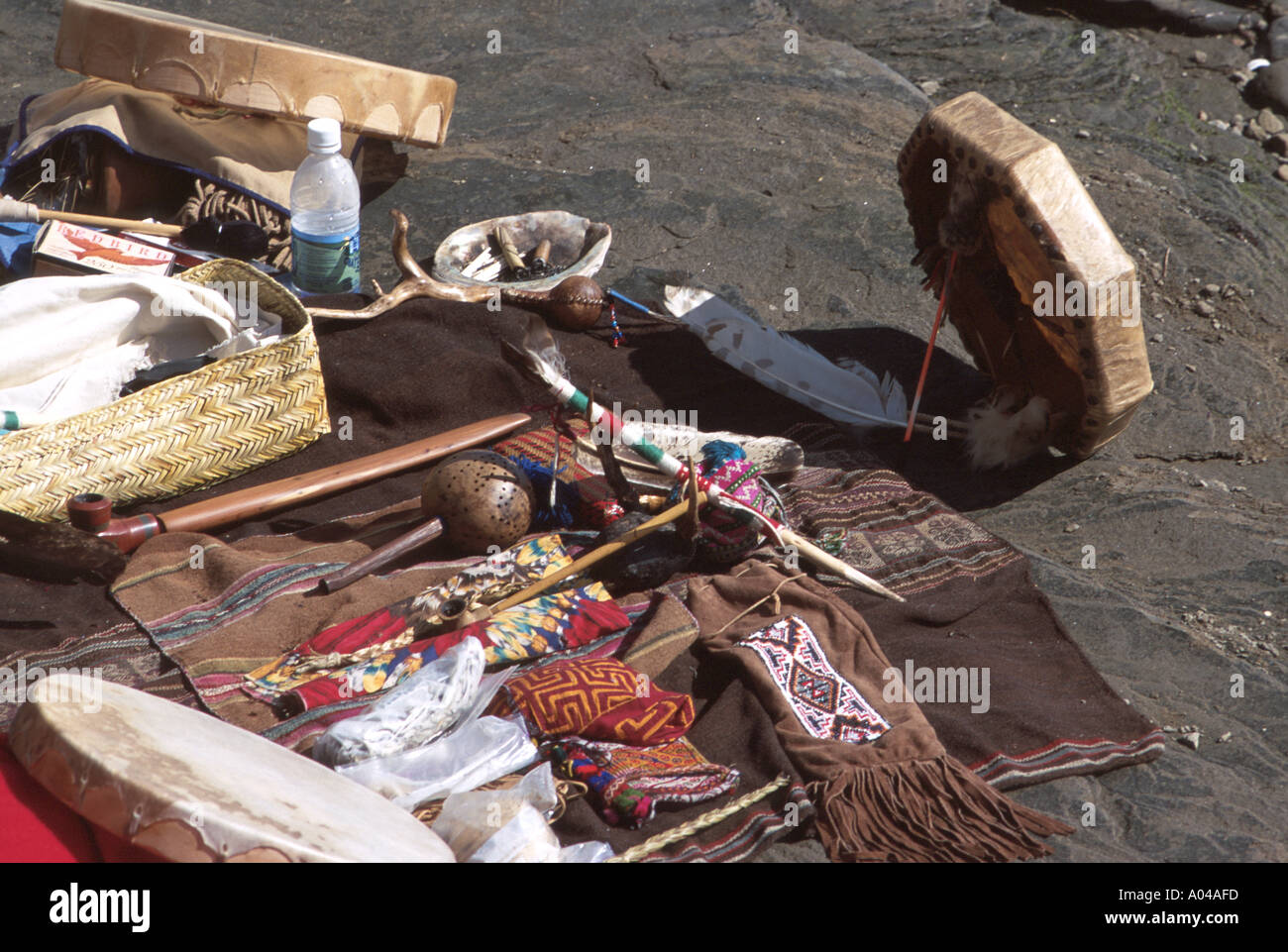 native american indian religious items like drum feathers and rattles ...