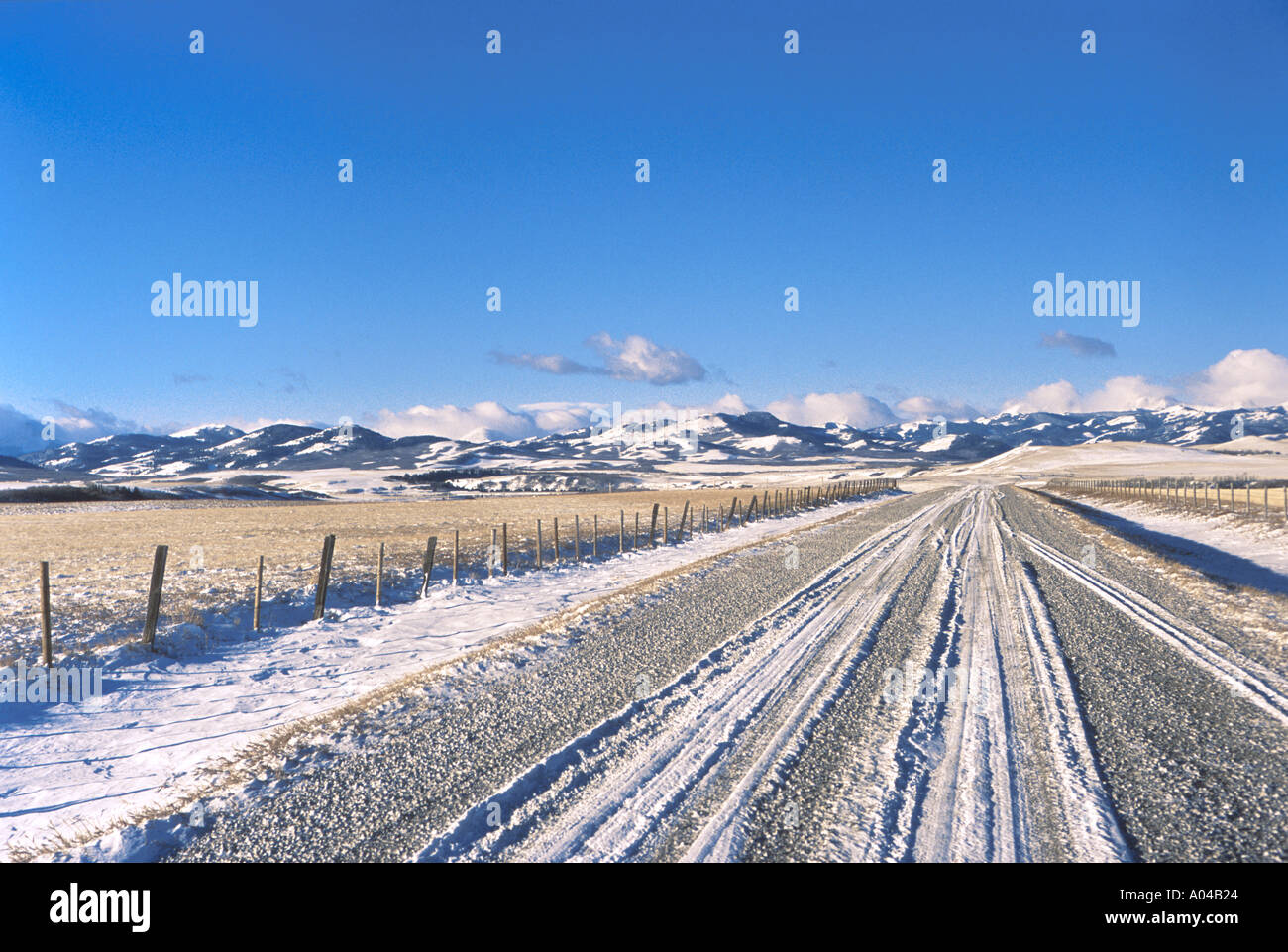 country road in the foothills of Alberta Canada covered in snow beside ...
