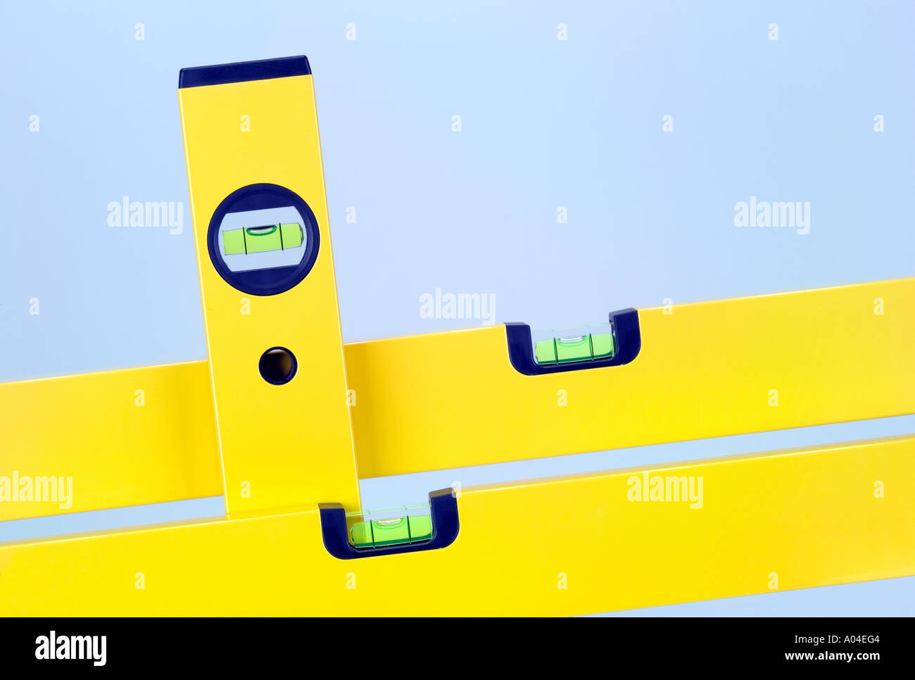 Three 3 angled Yellow builders spirit level with green bubble Stock ...