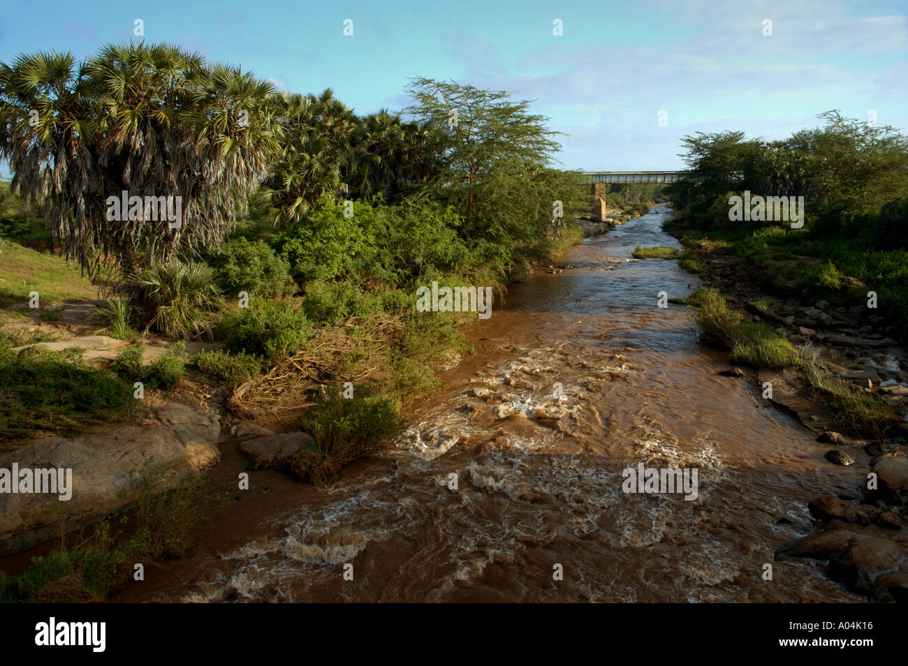 The famous and hard won railway bridge over the Tsavo River Stock Photo ...
