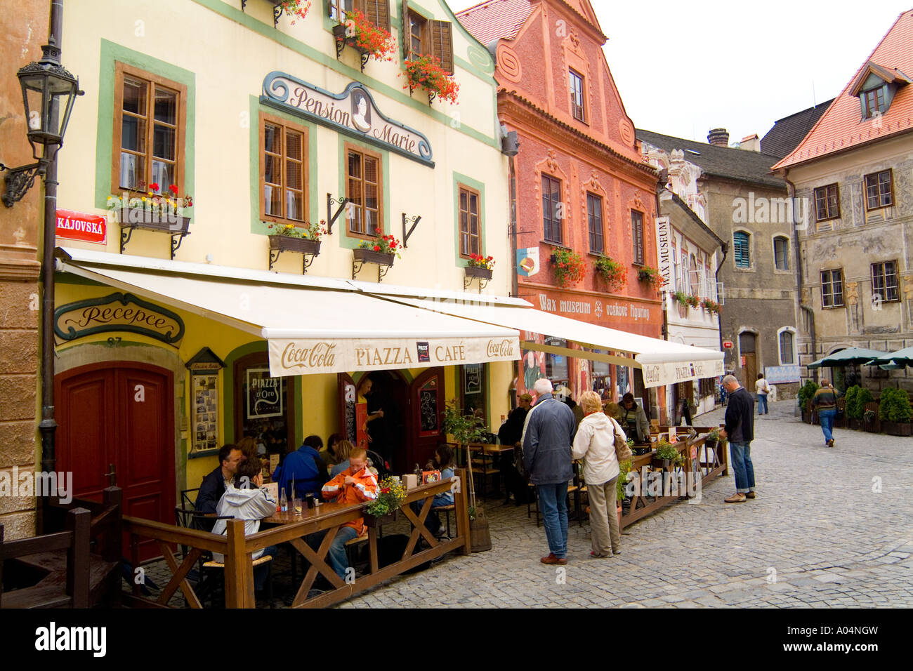 Beautiful town center square shops and architecture in Cesky Krumlov in ...