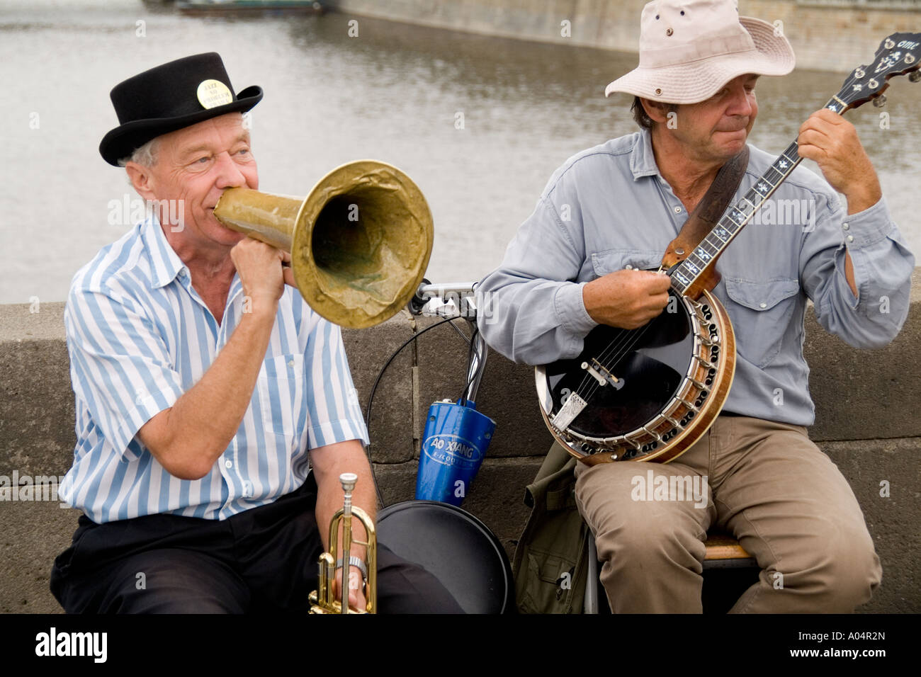 Brass polka band performing on the famous Charles Bridge of tourist ...