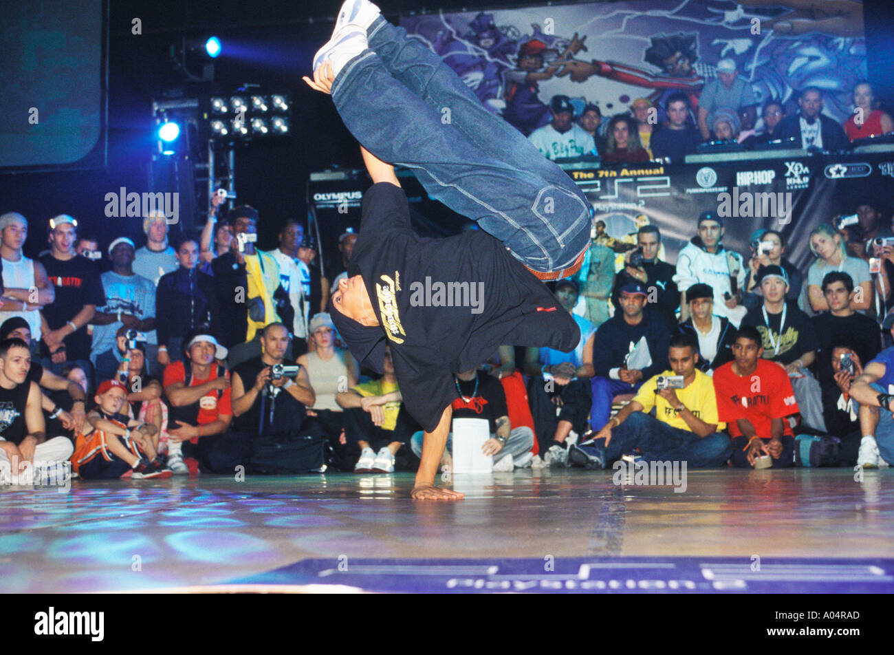 Guy breakdanicing at the World B Boy Championships at Brixton Academy ...