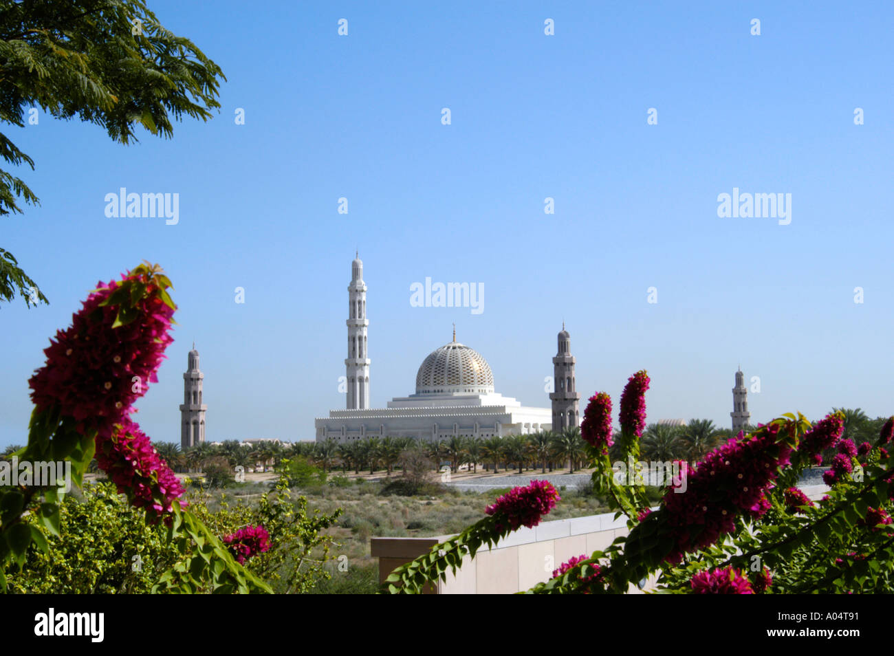 Oman Muscat. Impressive exterior of Sultan Qaboos Grand Mosque framed ...