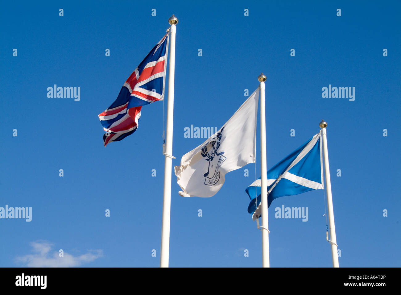 United Kingdom Union Jack St Andres and Scotland flags flying at the ...