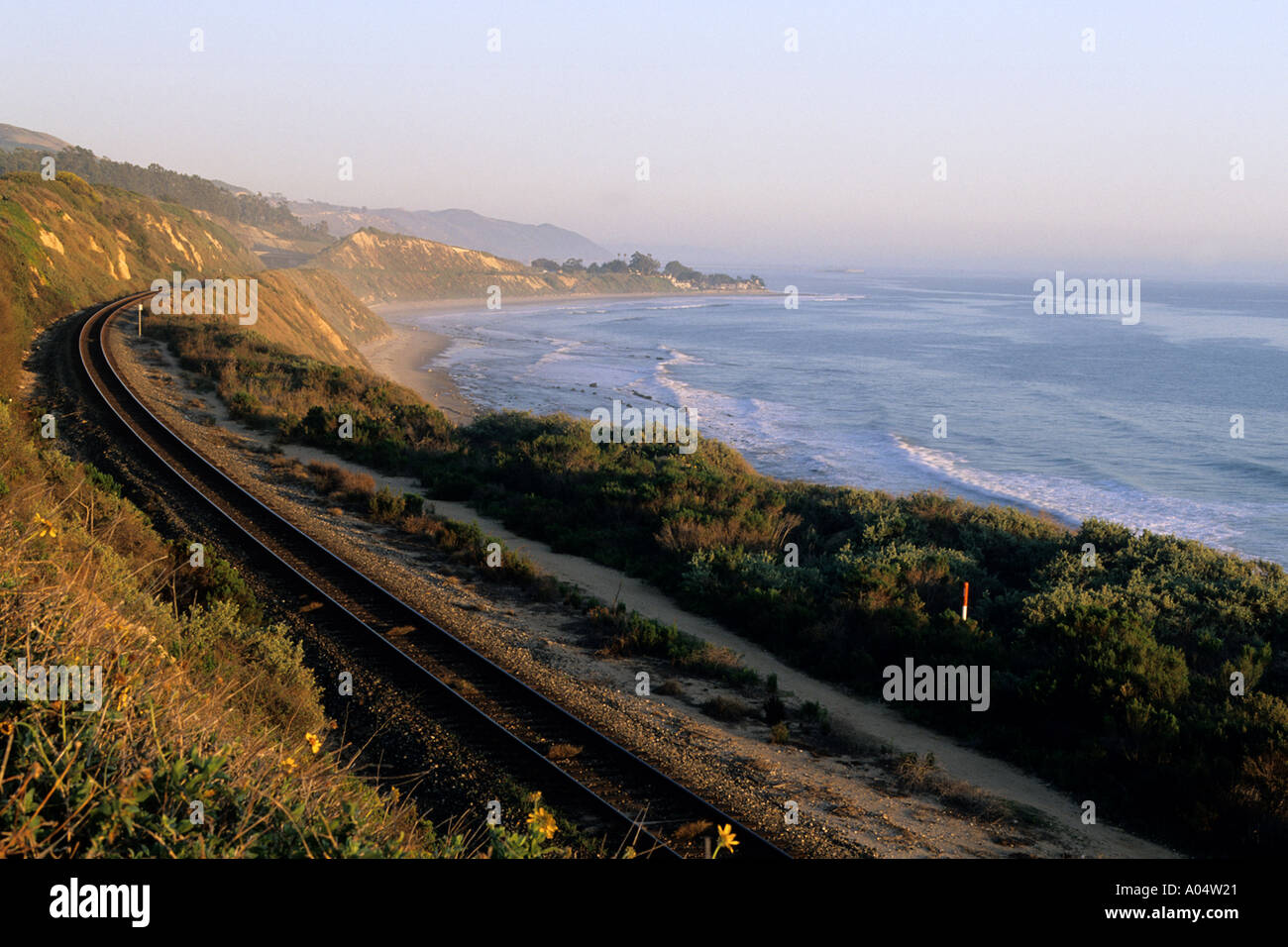 Railroad tracks along the Pacific Coast in California showing the ...