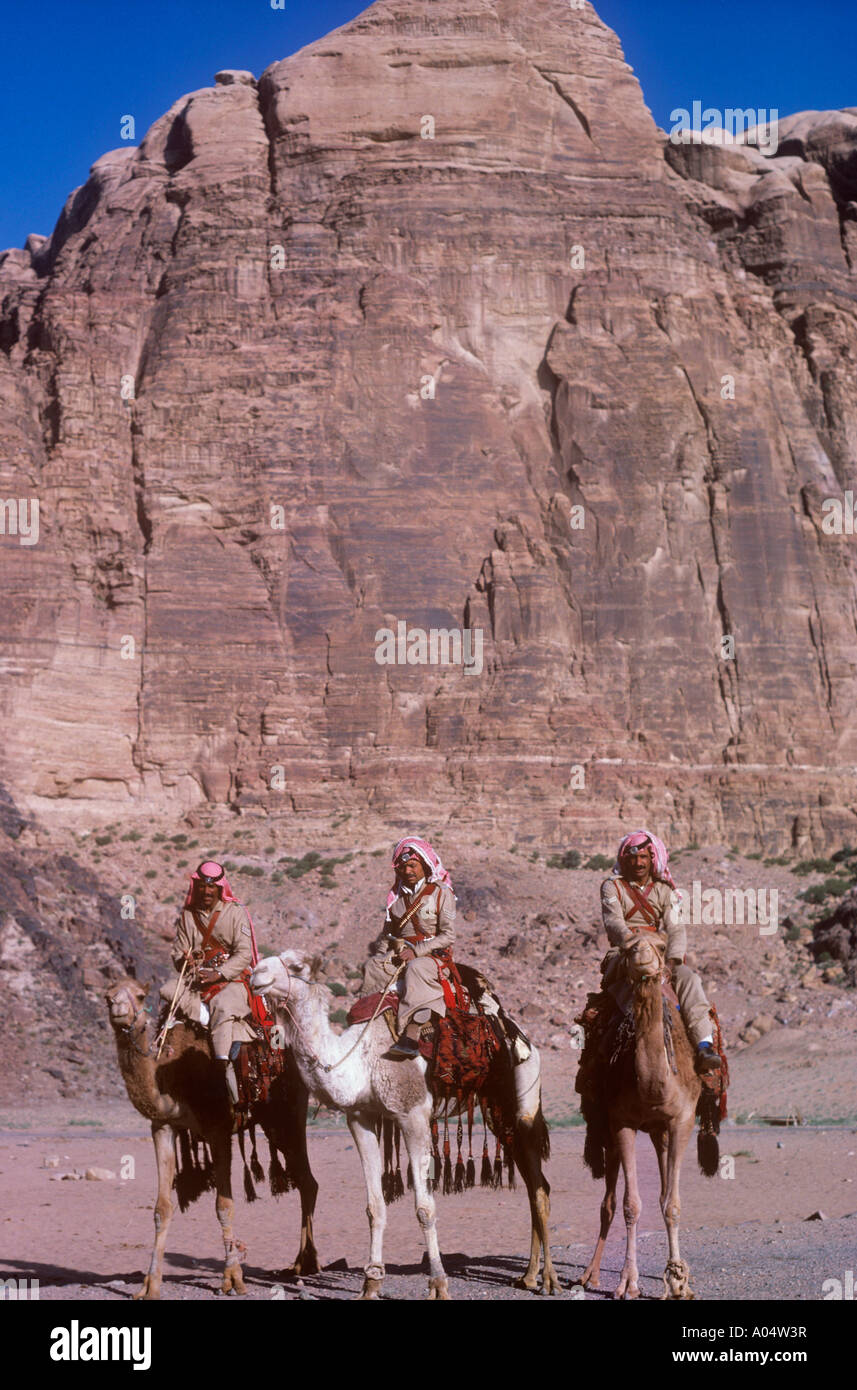 Three members of the Desert Police or Camel Corps in Wadi Rum, southern ...