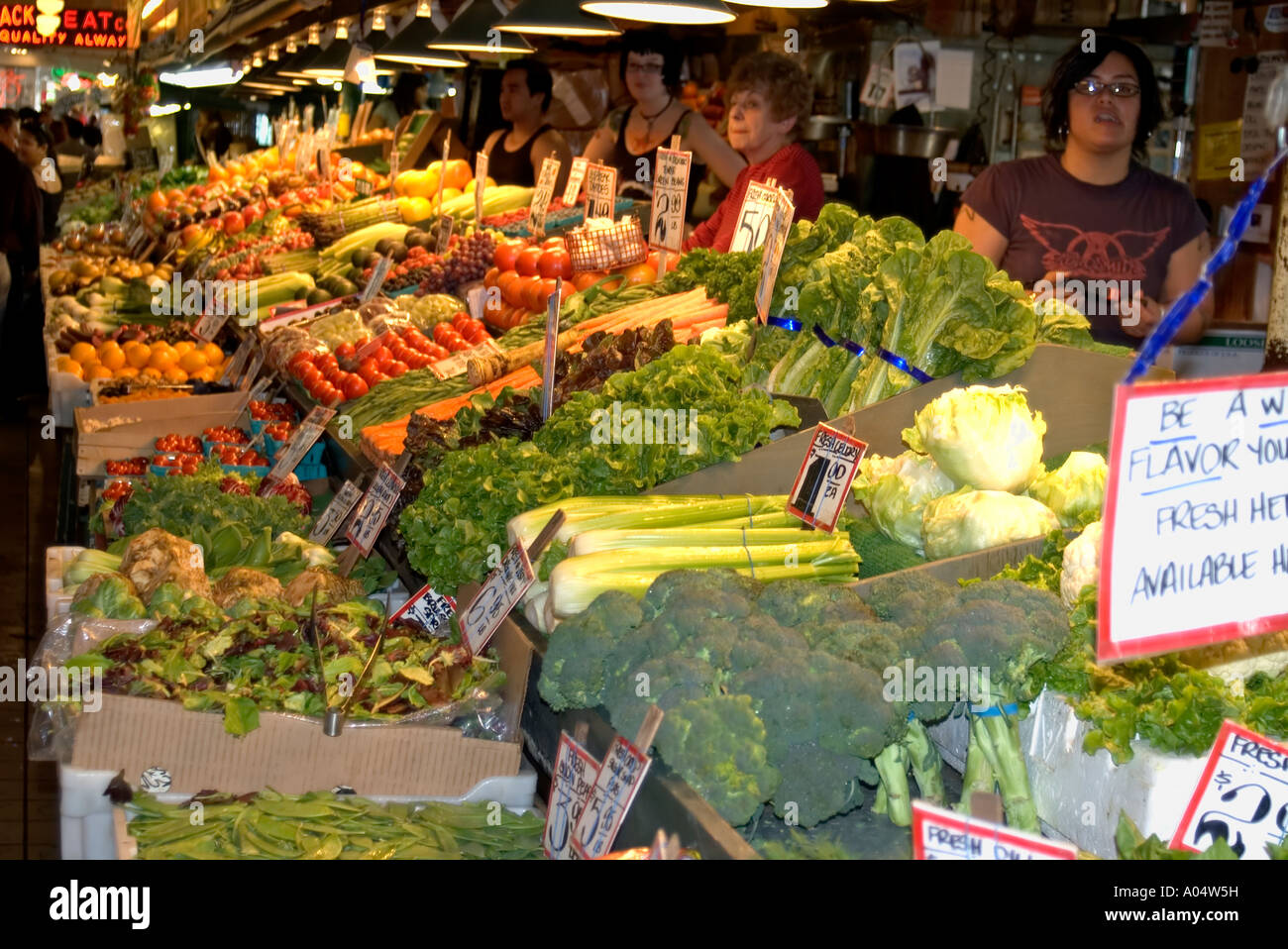USA, Washington, Seattle, Pike Place Market, variety of fresh ...