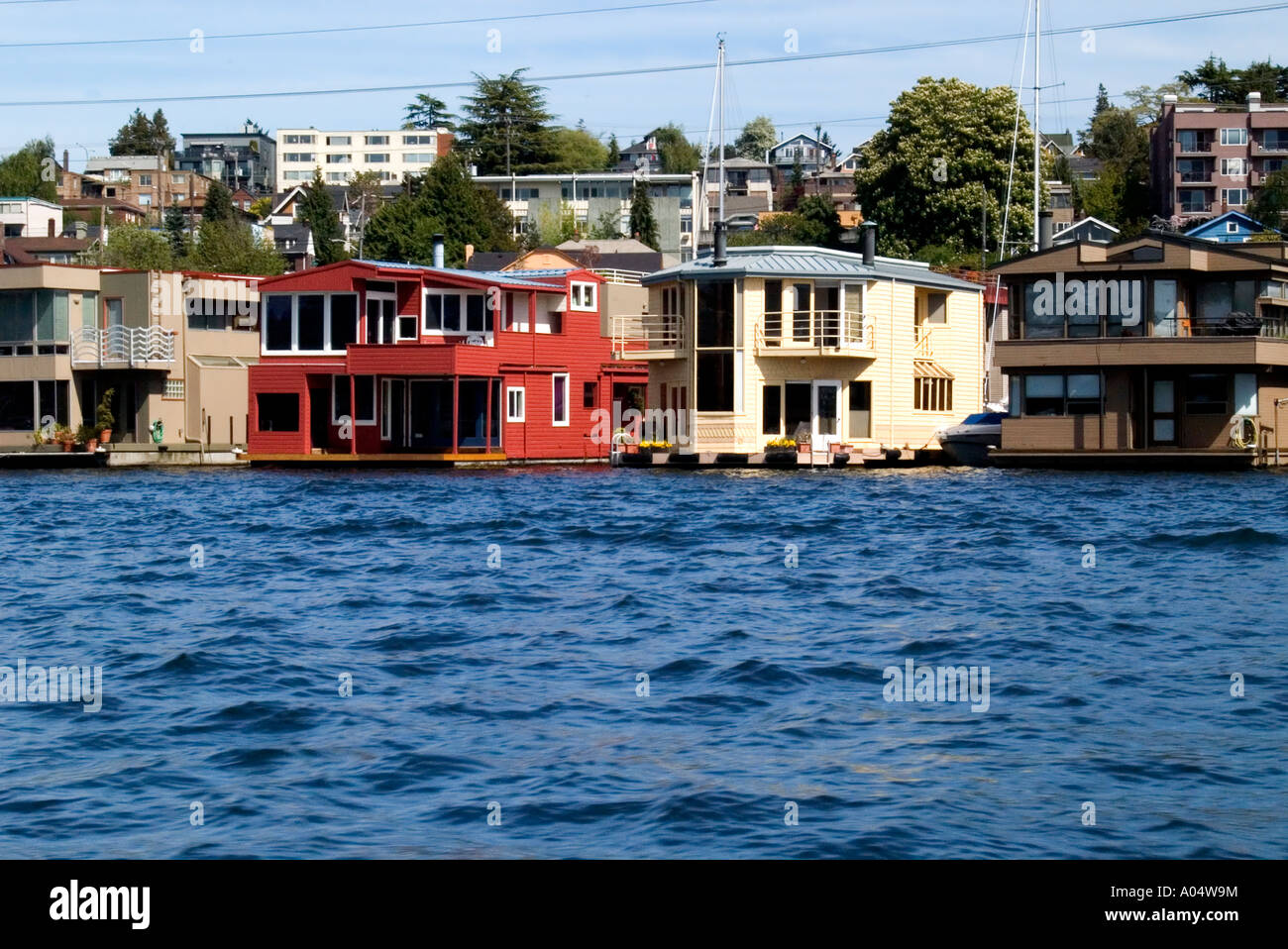 USA, Washington, Seattle, Large houseboats floating, homes on Lake ...