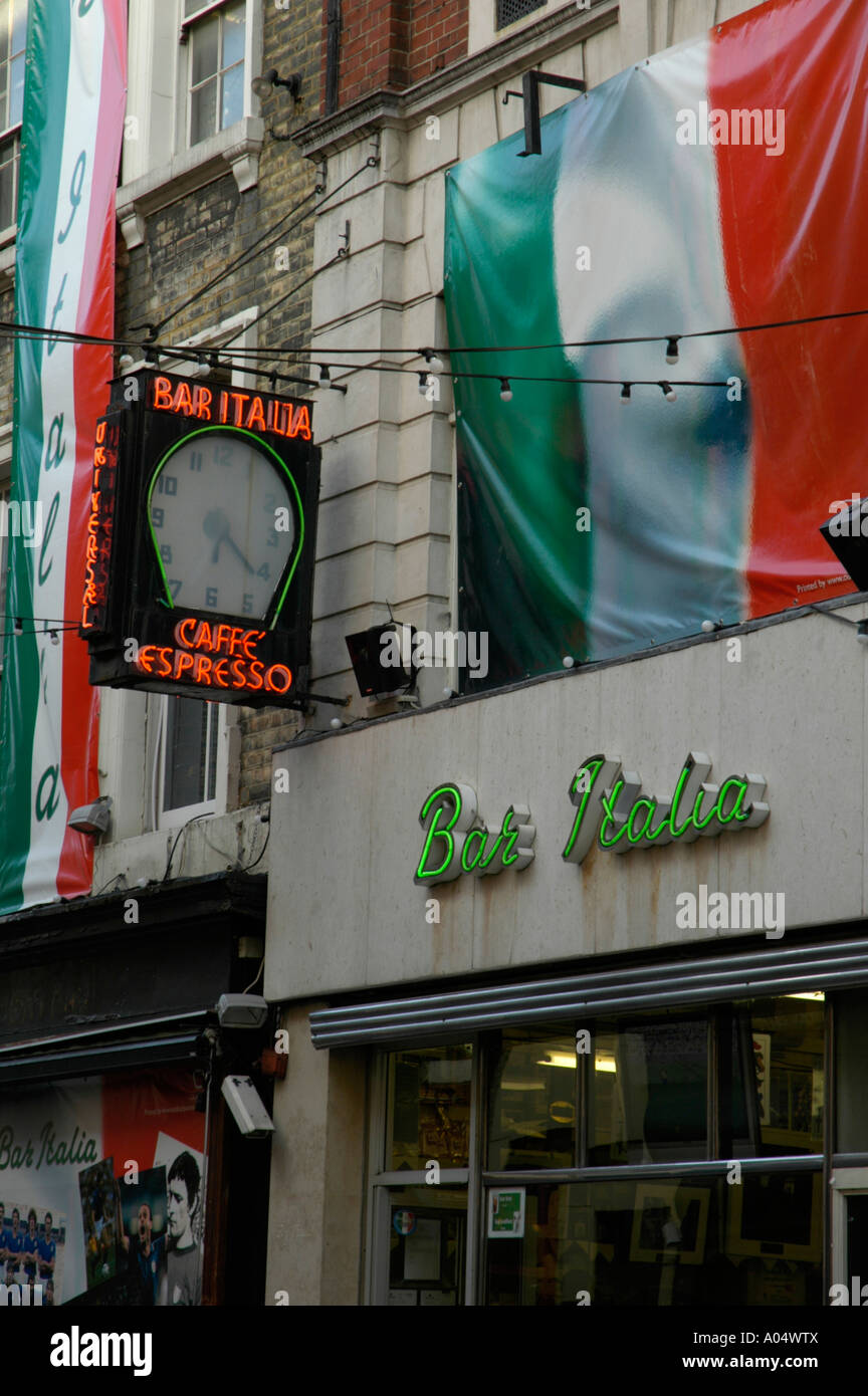 Bar Italia cafe draped in the Italian flag Soho London England Stock ...