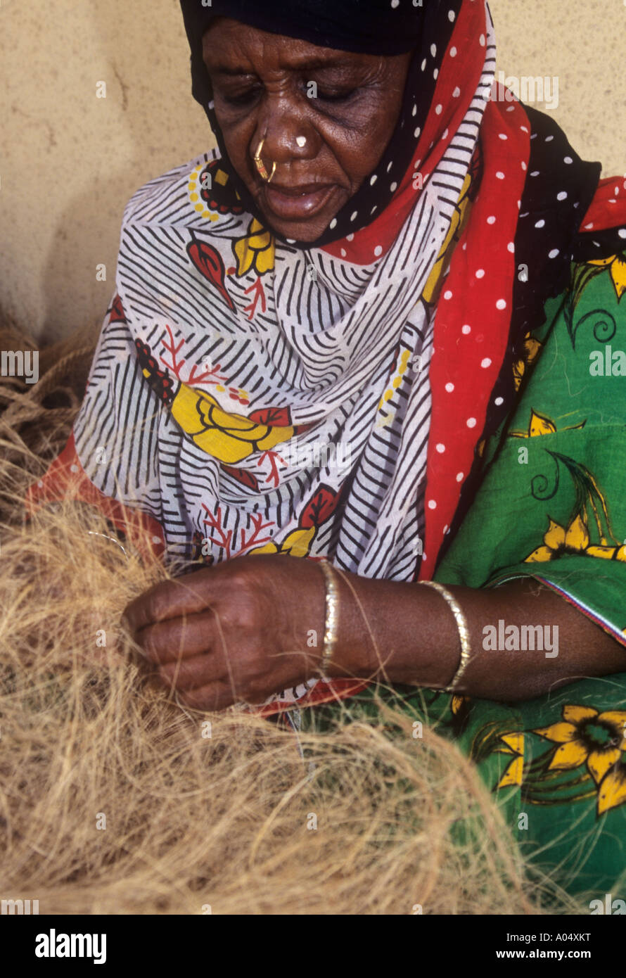 Old Omani women of African descent working with coconut palm fibre ...