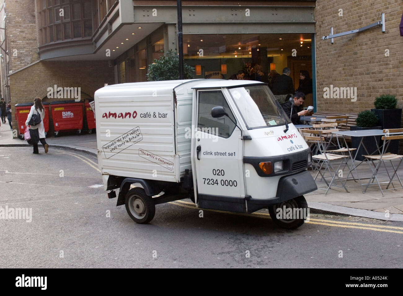 Three wheeled white delivery vehicle outside cafe and bar Southwark ...