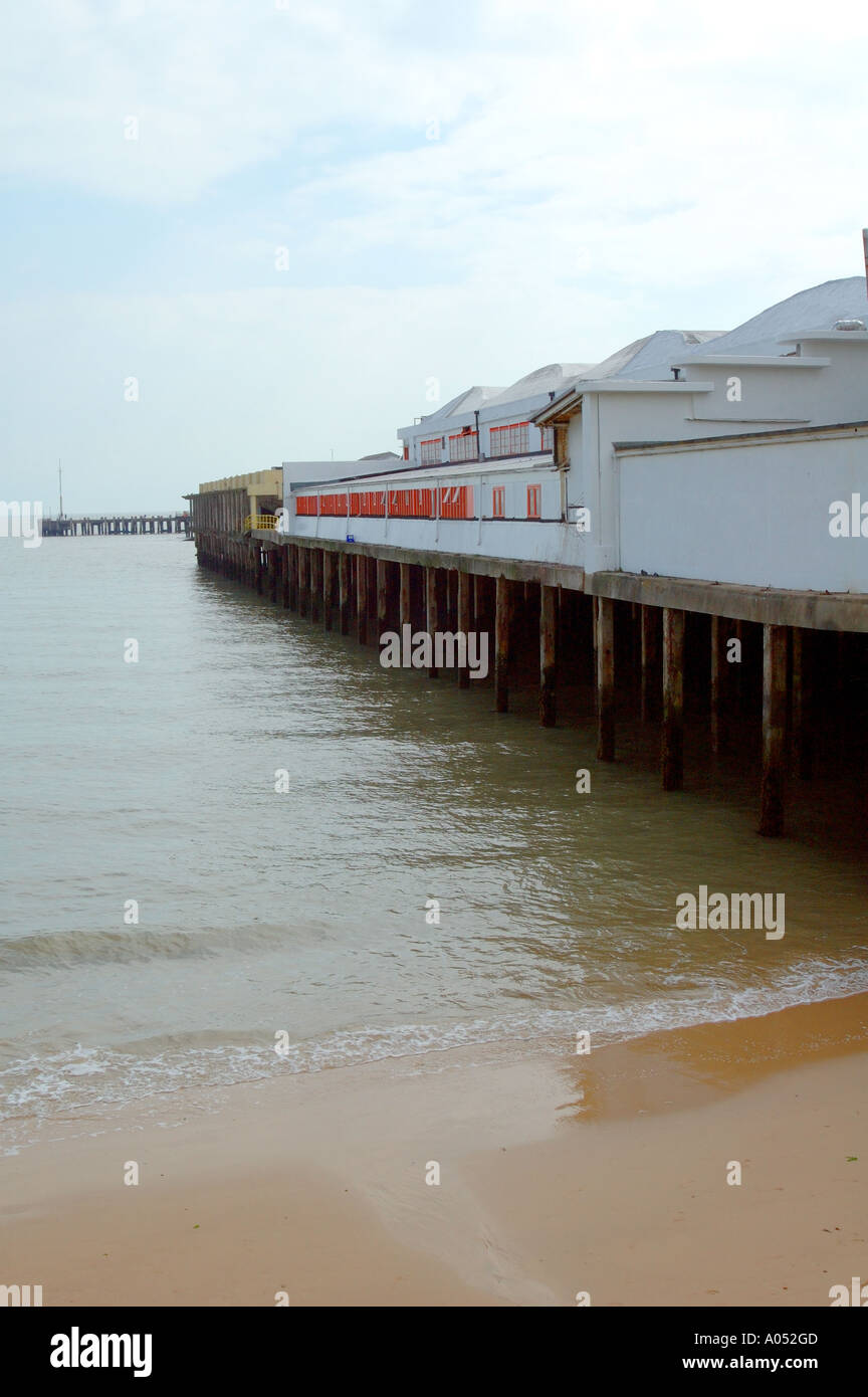 View of the side of Clacton Pier with the beach and the sea, Clacton-on ...
