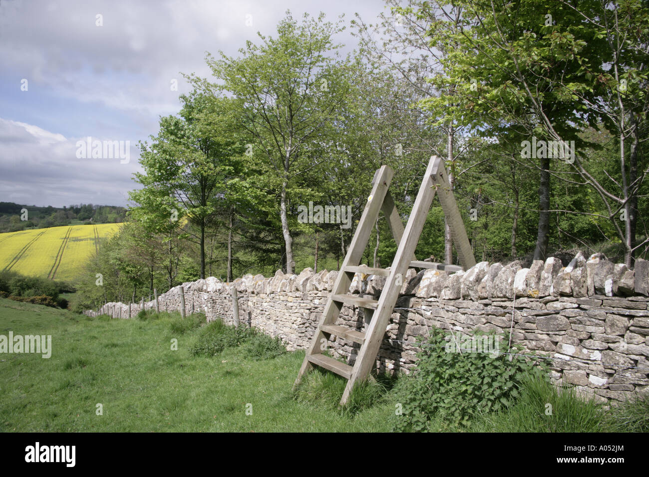 A Ladder Stile over a stone wall in the cotswolds with its rolling open ...
