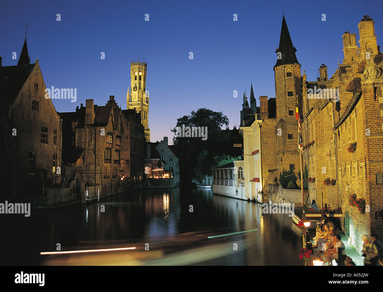 Bruges, view from canal of Belfry, Rozenhoedkaai, Belgium Stock Photo ...