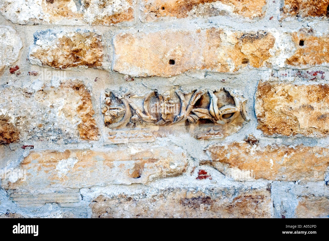 Small Roman garland detail in a renovated wall, Isa Bey mosque, Selcuk ...