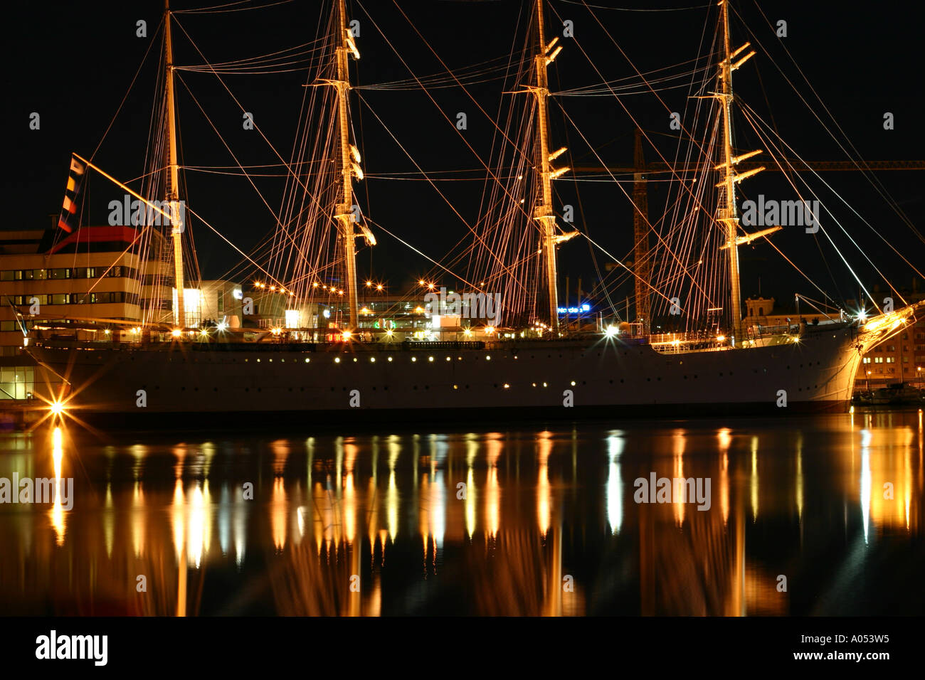 Sailing ship Barque Viking tied up in Gothneburg harbour seen at night ...
