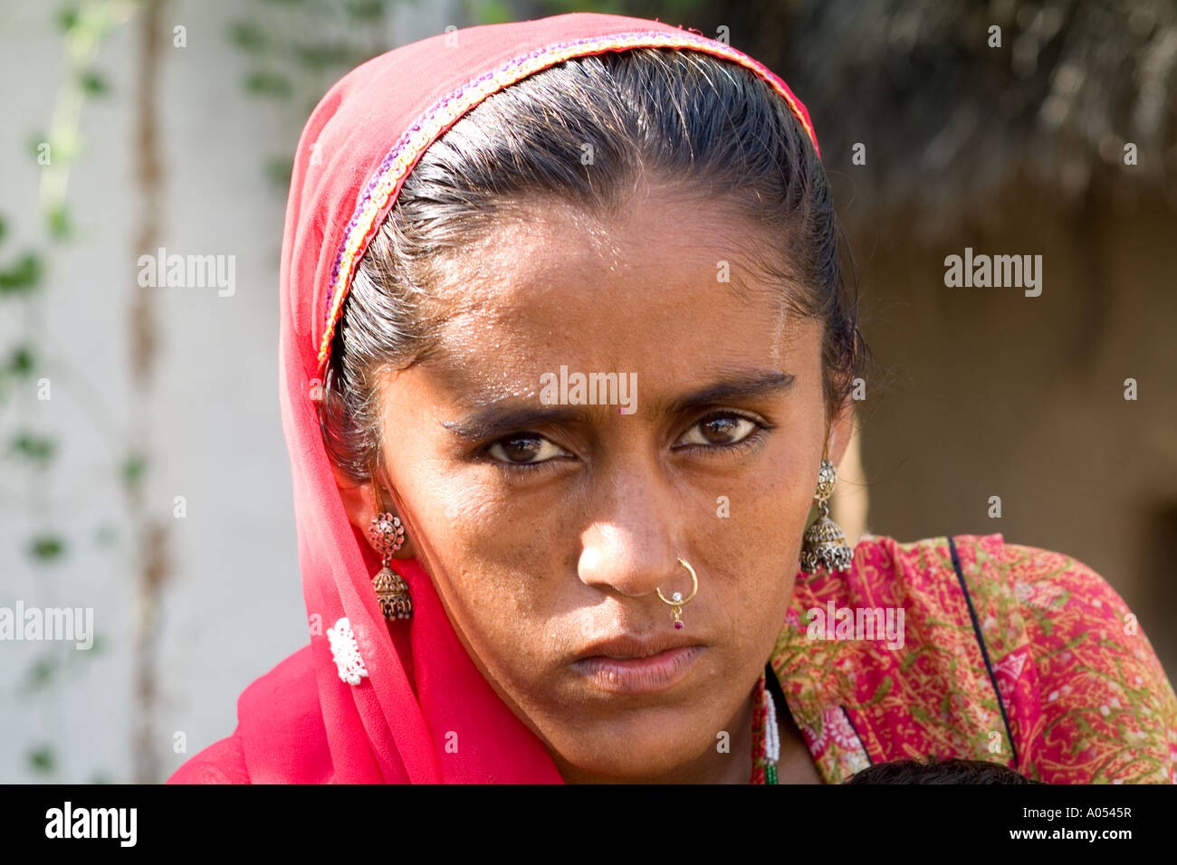 Beautiful red color woman native Hindu portrait from Bishnoi tribe ...