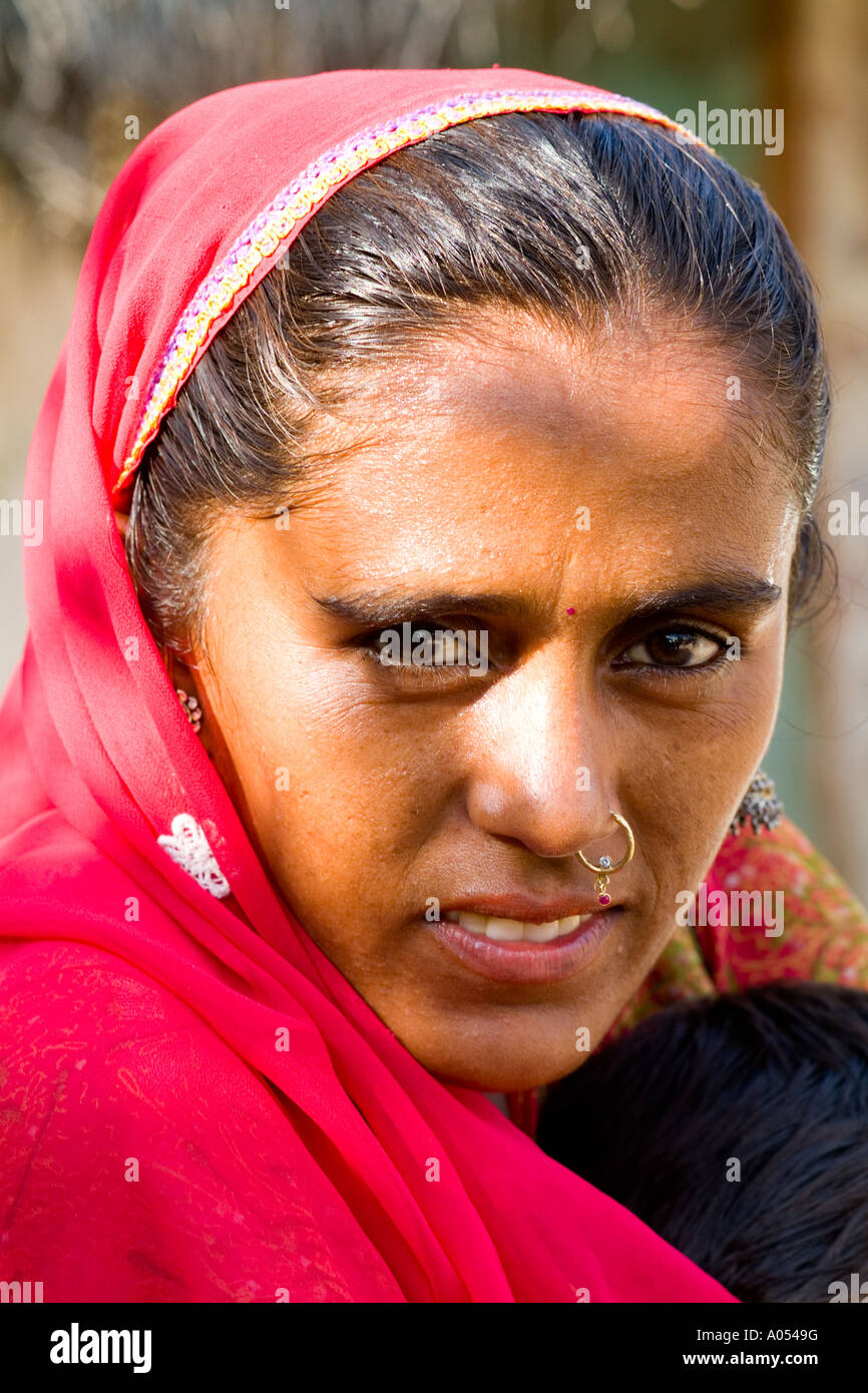 Beautiful red color woman native Hindu portrait from Bishnoi tribe ...