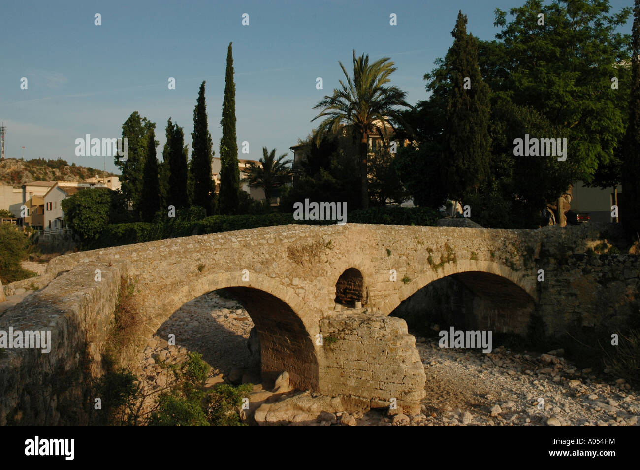 Historic roman bridge at town Pollenca Island Mallorca Balear islands ...