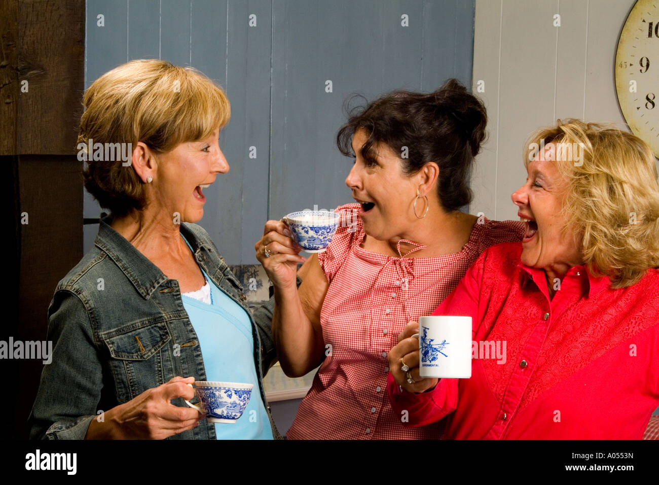 Small town women having coffee and laughing in the kitchen good friends ...