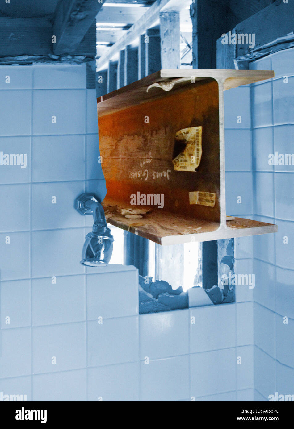 Steel beam protruding through a tiled shower wall Stock Photo - Alamy