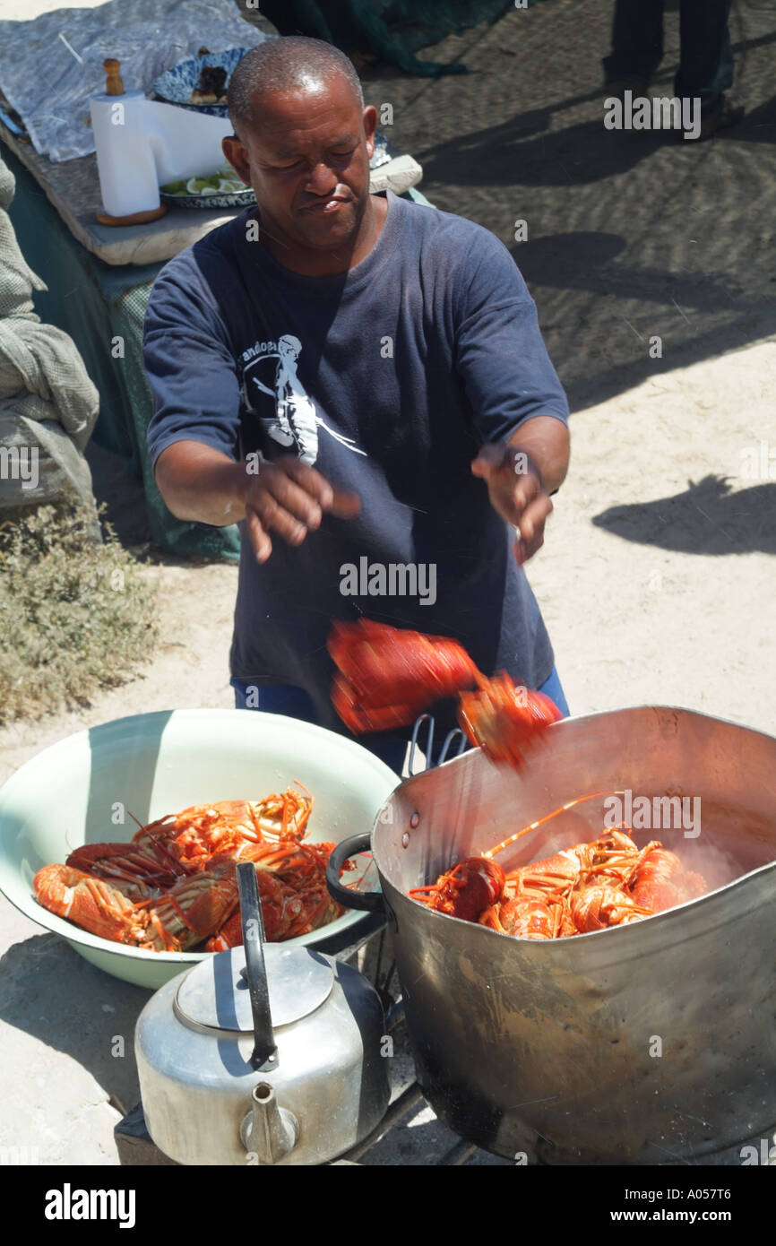Crayfish being cooked in a large pot over an open fire South Africa RSA ...