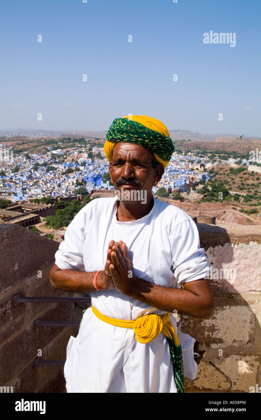 Great image of colorful Hindu man with turban in beautiful BLUE CITY of ...
