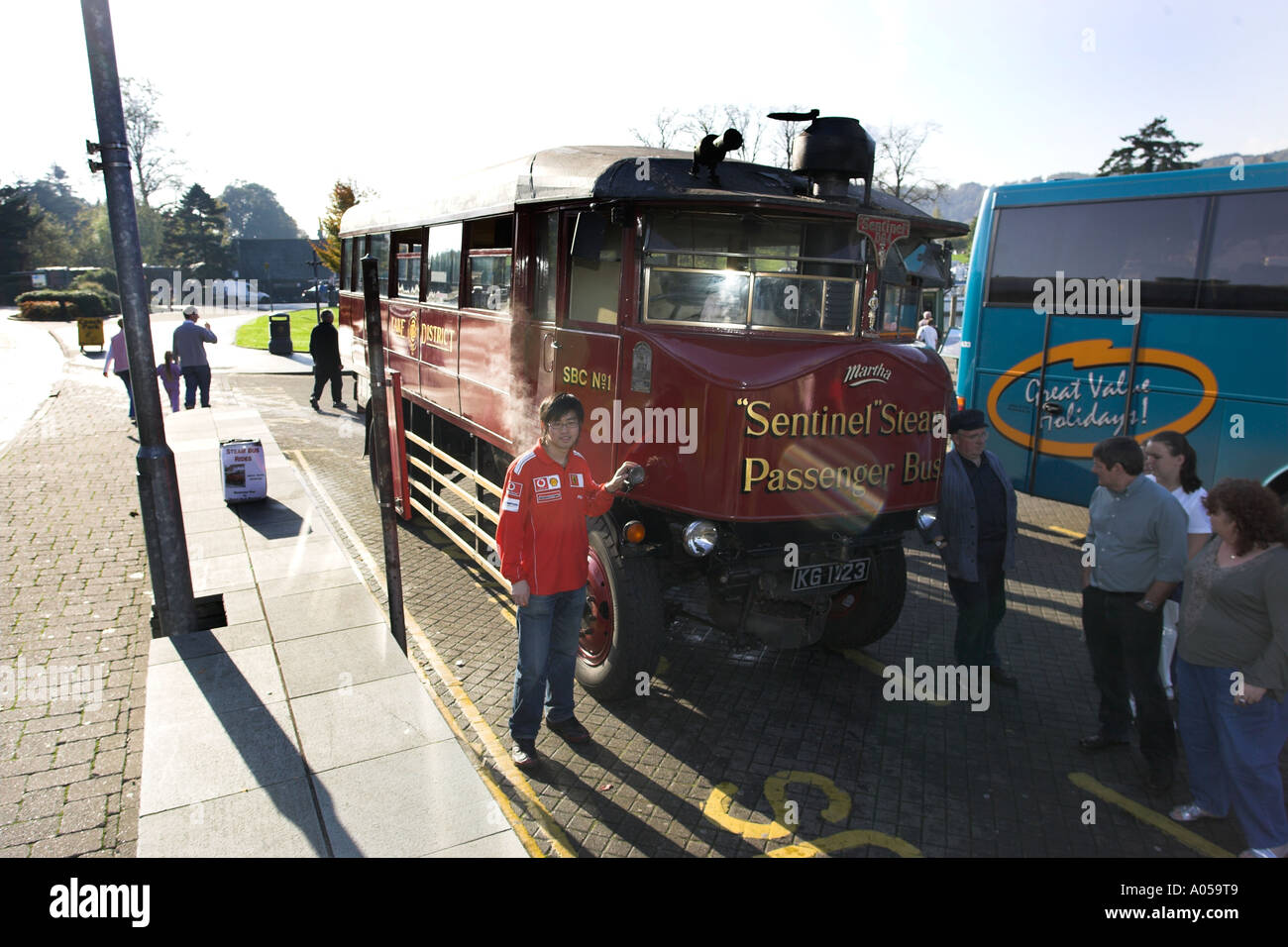 Sentinel Steam Passenger Bus driving around Bowness on Windermere Lake ...