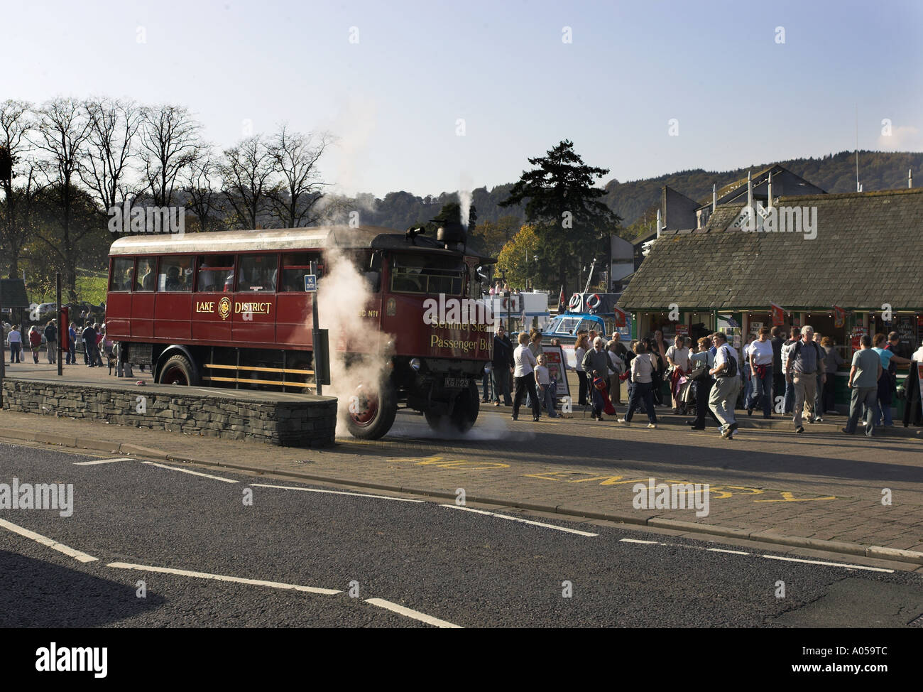Sentinel Steam Passenger Bus driving around Bowness on Windermere Lake ...